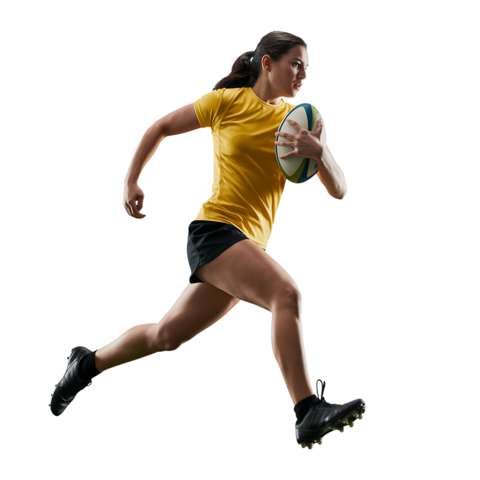 Dynamic Female Rugby Player Running with Ball PNG Cutout for Sports ...